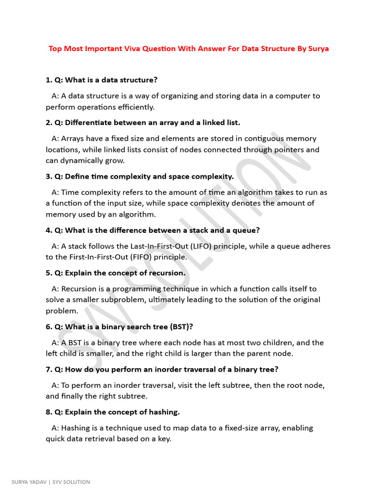 Top Most Important Viva Question With Answer for Data Structure2 | PDF | Queue (Abstract Data ...