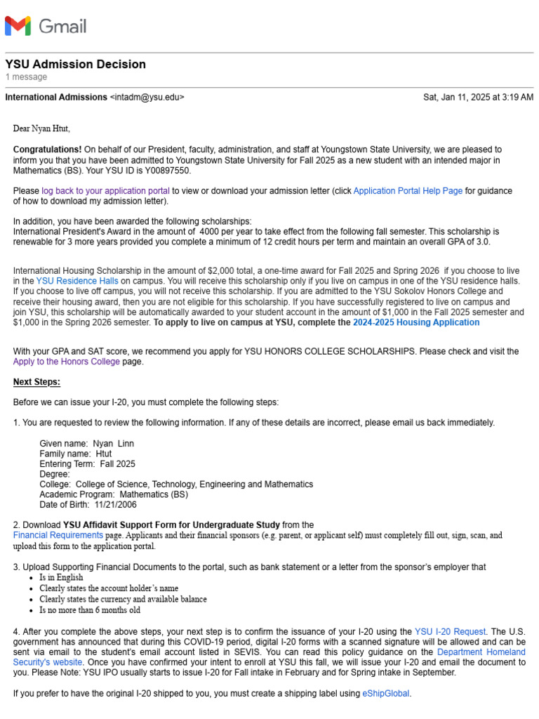 YSU Admission Confirmation for Fall 2025 | PDF