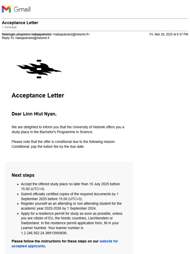 University of Helsinki Acceptance Letter | PDF