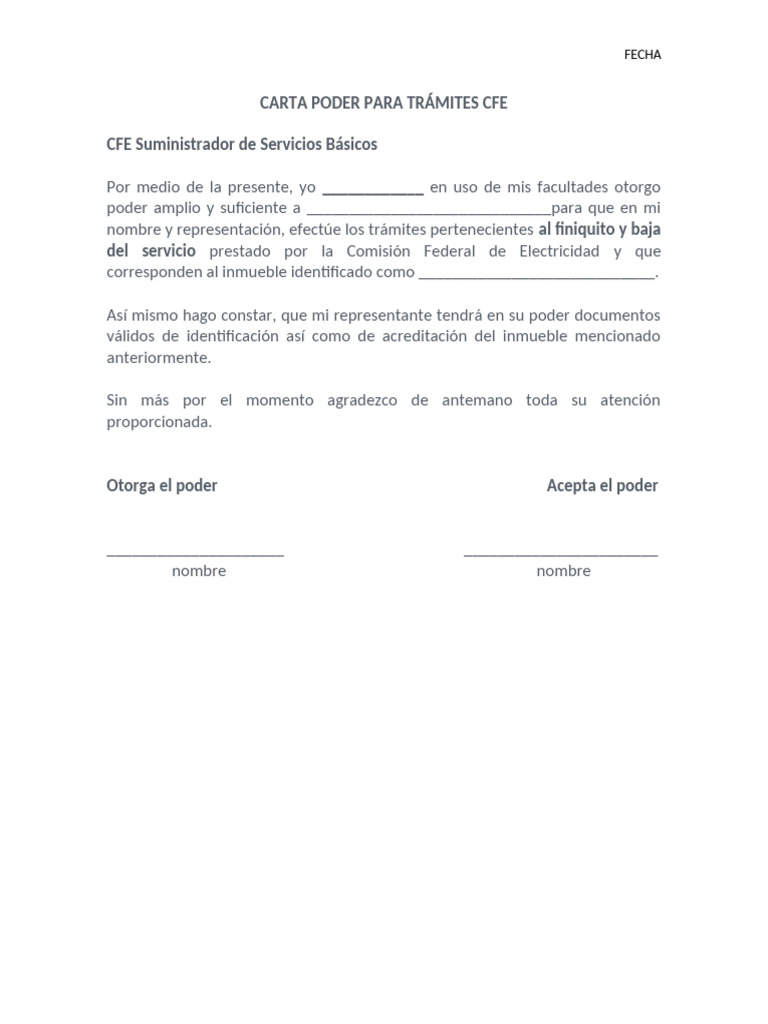 Ejemplo Carta Poder Simple para Trámites Cfe | PDF