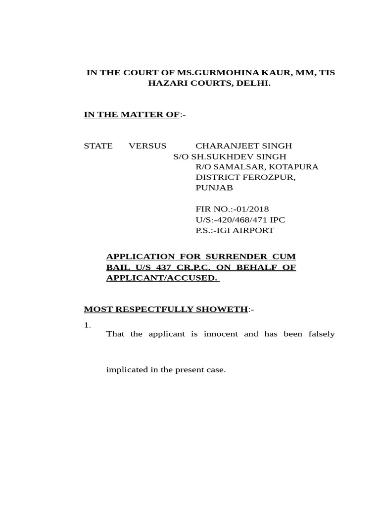 Bail Surrender Charanjeet Singh 16.02.2018 | PDF | Bail | Crime & Violence