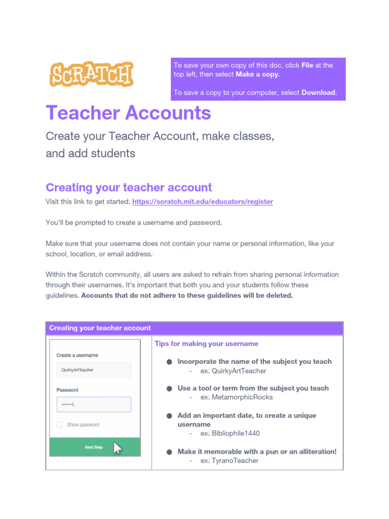 Scratch Guide_ Teacher Accounts | PDF | User (Computing) | Password