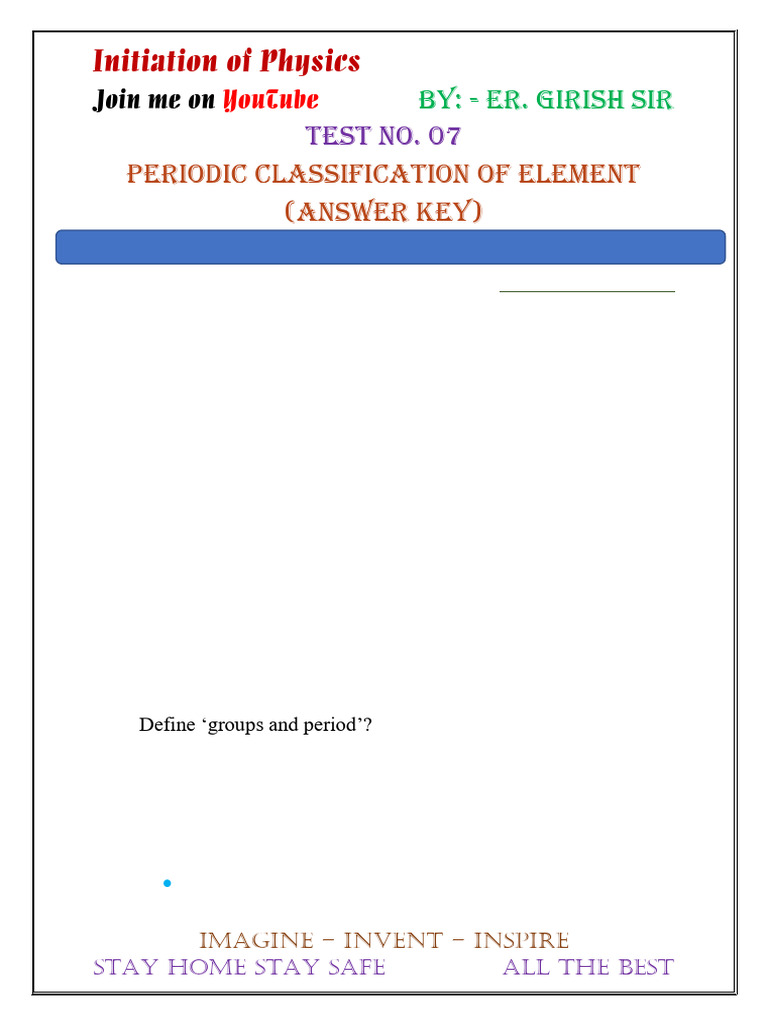 Test No 7 Periodic Classification of Element Answer Key | PDF ...