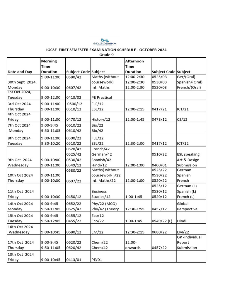 IGCSE Grade 9 Exam Schedule October 2024 | PDF