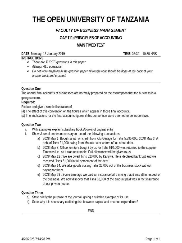 Principles of Accounting Test Paper | PDF