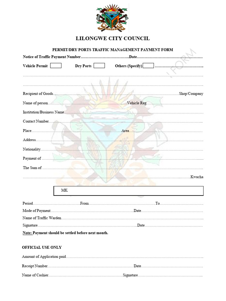 Lilongwe Traffic Management Payment Form | PDF