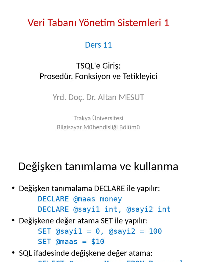 Ders 11 - TSQL, Prosedür, Fonksiyon ve Tetikleyici | PDF