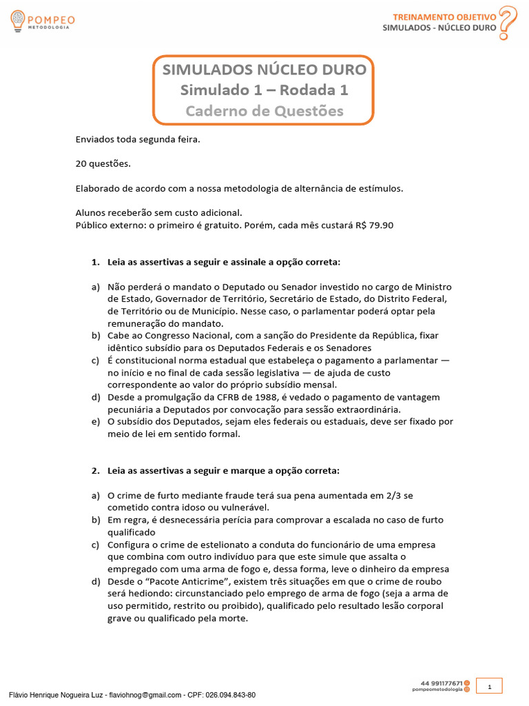 Simulado 1 - Rodada 1 - DELTA | PDF | Roubo | Difamação