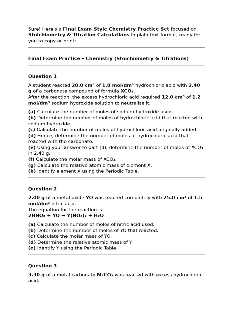 Chemistry (Stoichiometry & Titrations) | PDF | Mole (Unit) | Acid