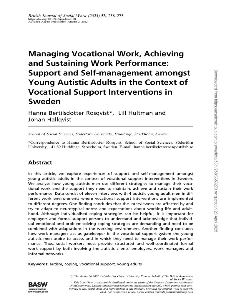 Managing Vocational Work, Achieving and Sustaining Work Performance ...
