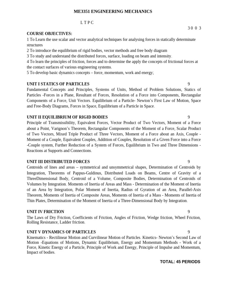 me3351_engineering_mechanics_syllabus | PDF | Force | Friction