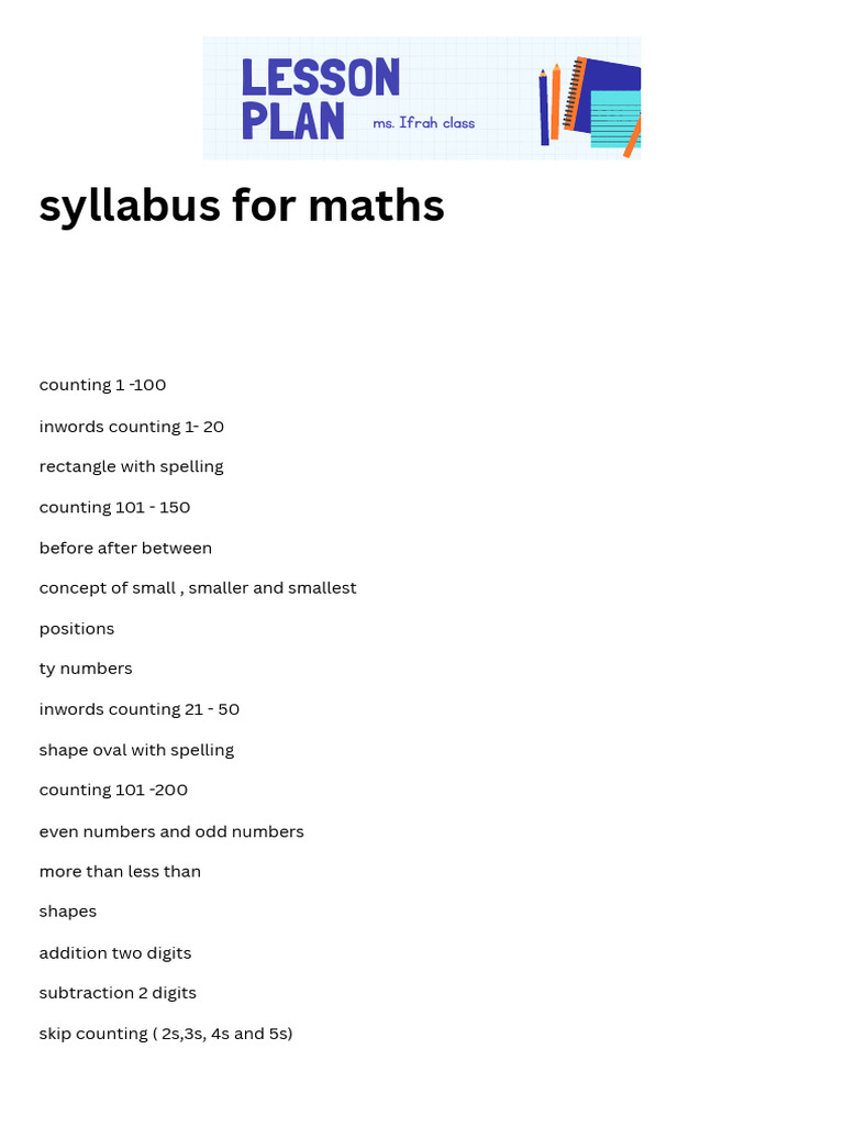 Kindergarten Sylabus For Maths | PDF