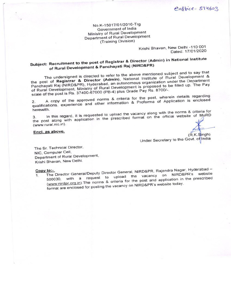 Recruitment to the post of Registrar & Director (Admin) in National ...