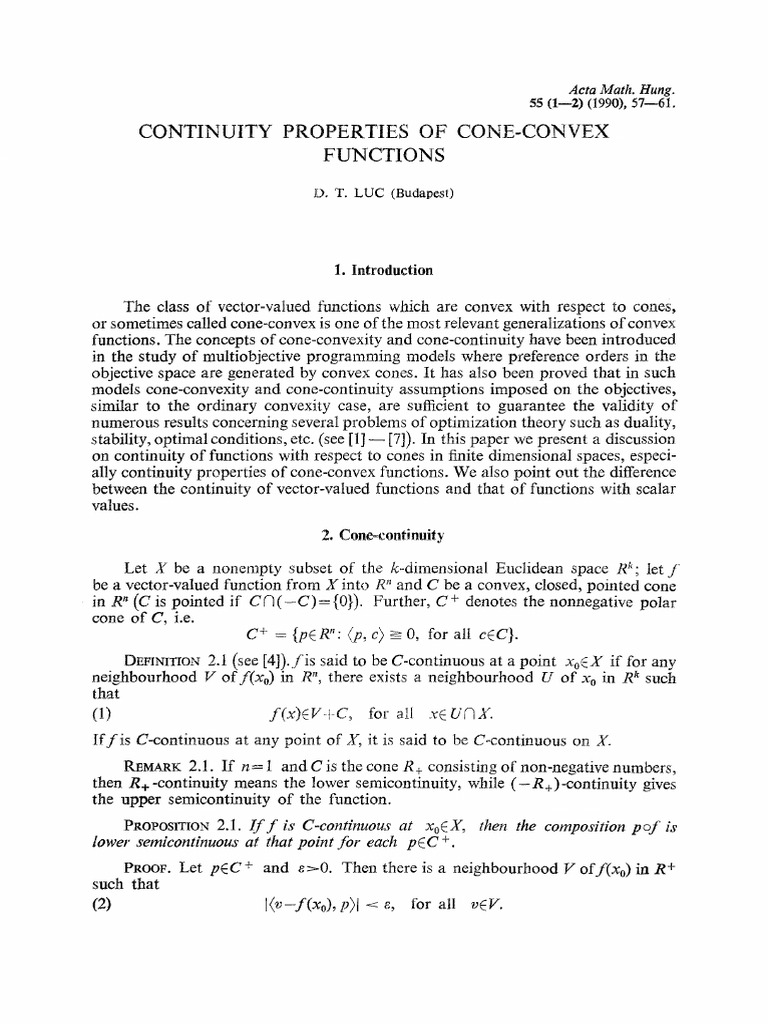 Luc1990 Article ContinuityPropertiesOfCone-con | PDF | Function (Mathematics) | Convex Set