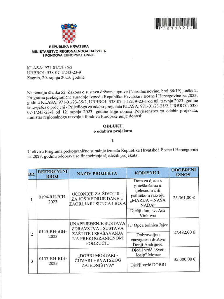 Odluka o Odabiru Projekata RH-BiH-2023 - 21 - 7 | PDF