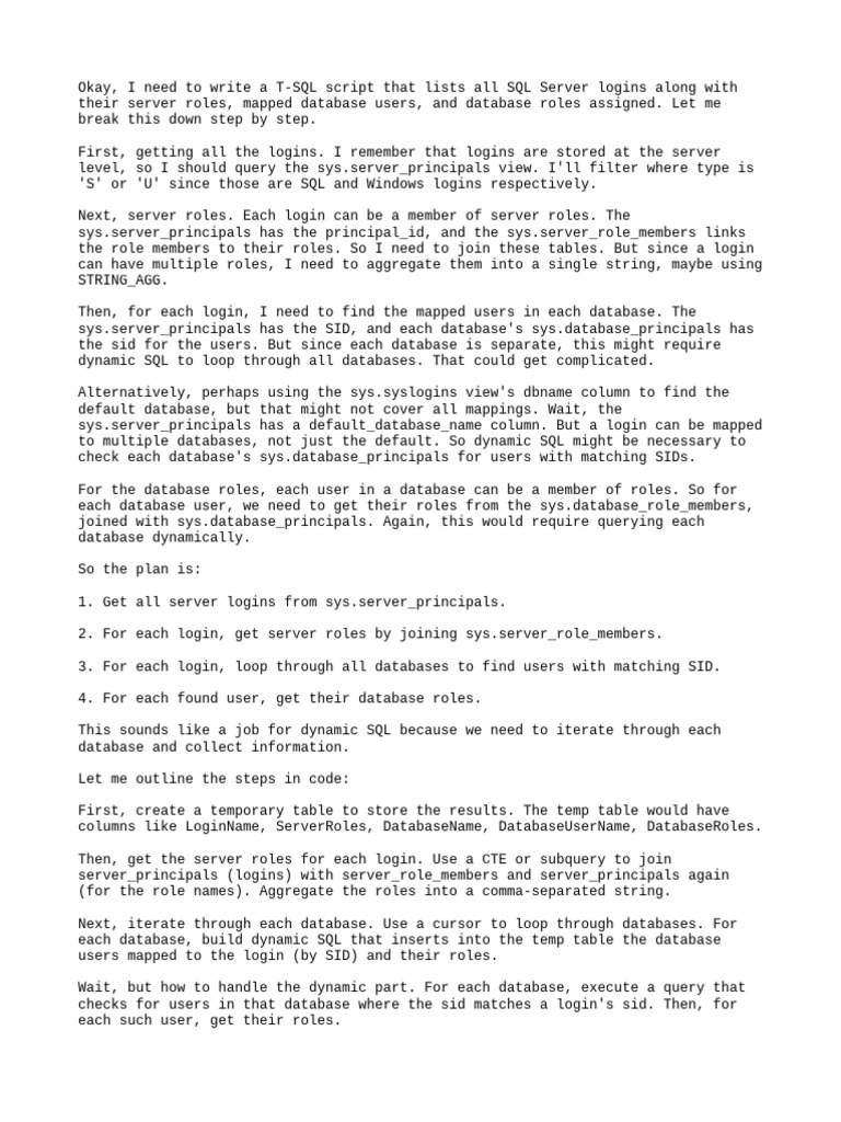 TSQL List Logins and Mappings - Sql.thoughtprocess | PDF | Databases | Sql