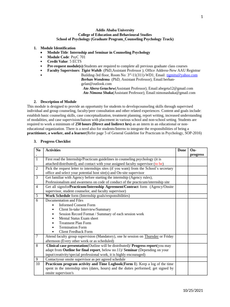 Internship in Counseling Outline and Progress Check List | PDF ...