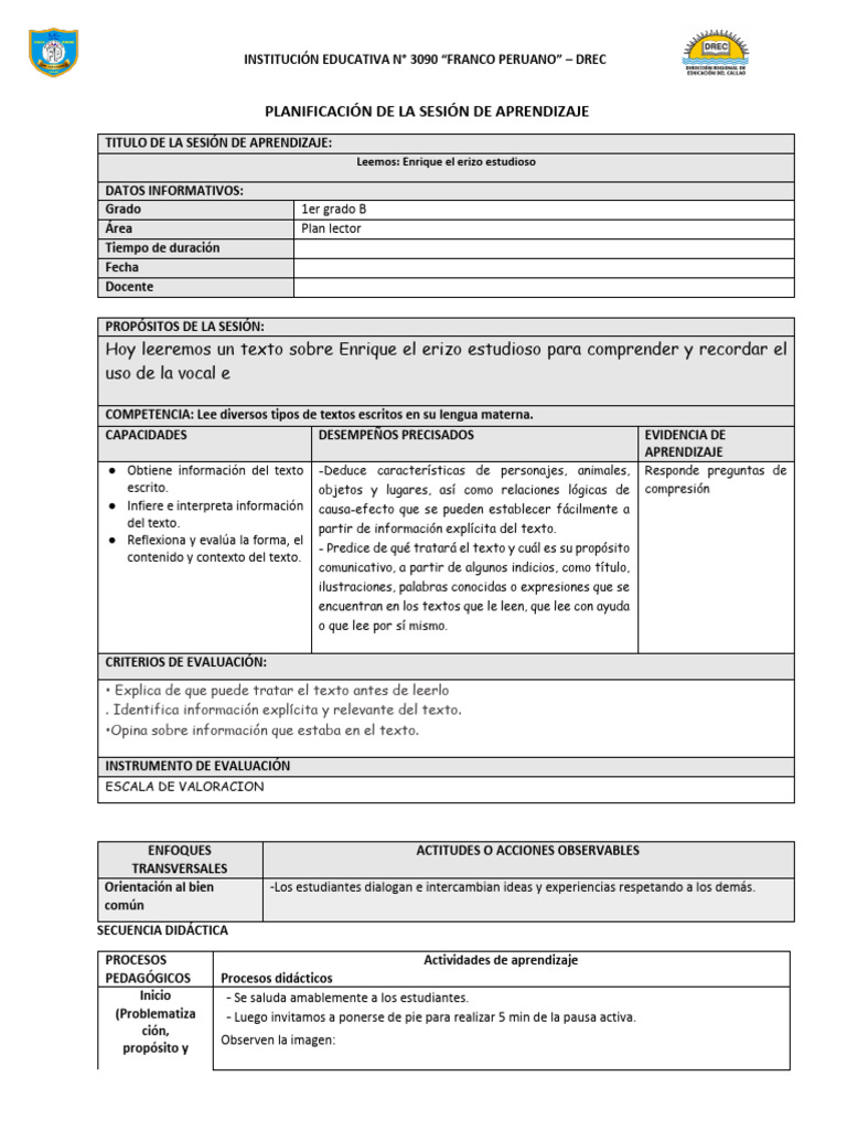 .Sesion 3 Plan Lector-3-04-Enrique El Erizo | PDF | Aprendizaje | Evaluación