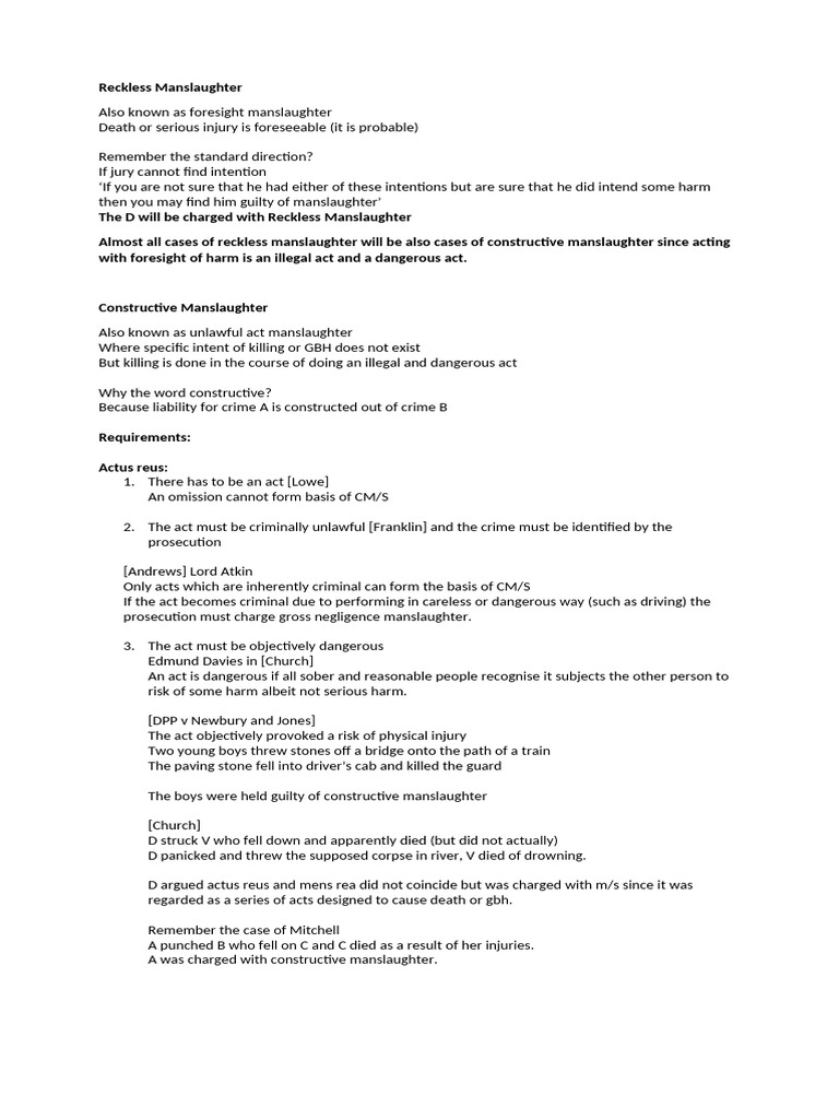 Manslaughter Notes | PDF | Manslaughter | Negligence