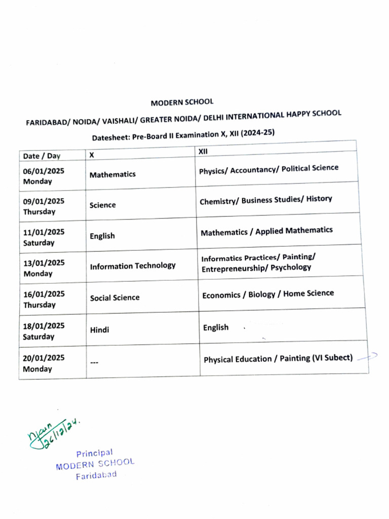 Pre Board 2 Date Sheet | PDF