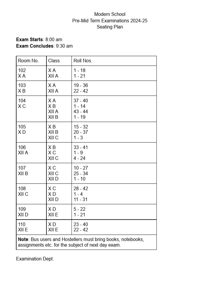 SeatingPlan Pre-MidExam-1 | PDF