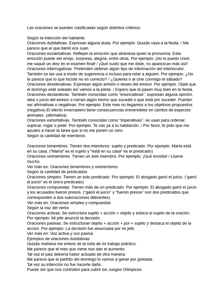 Ejemplos de oraciones dubitativas | PDF | Predicado (Gramática ...