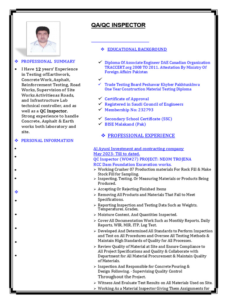 For Job Farhan_Khan_CV_QC_Inspector | PDF | Concrete | Construction Aggregate