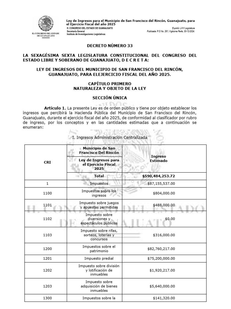 Ley de Ingresos San - Francisco - Del - Rinc - N - 2025 | PDF ...