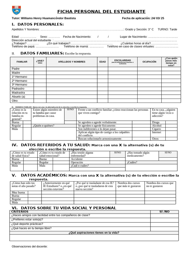 Ficha Personal del Estudiante 3° C | PDF