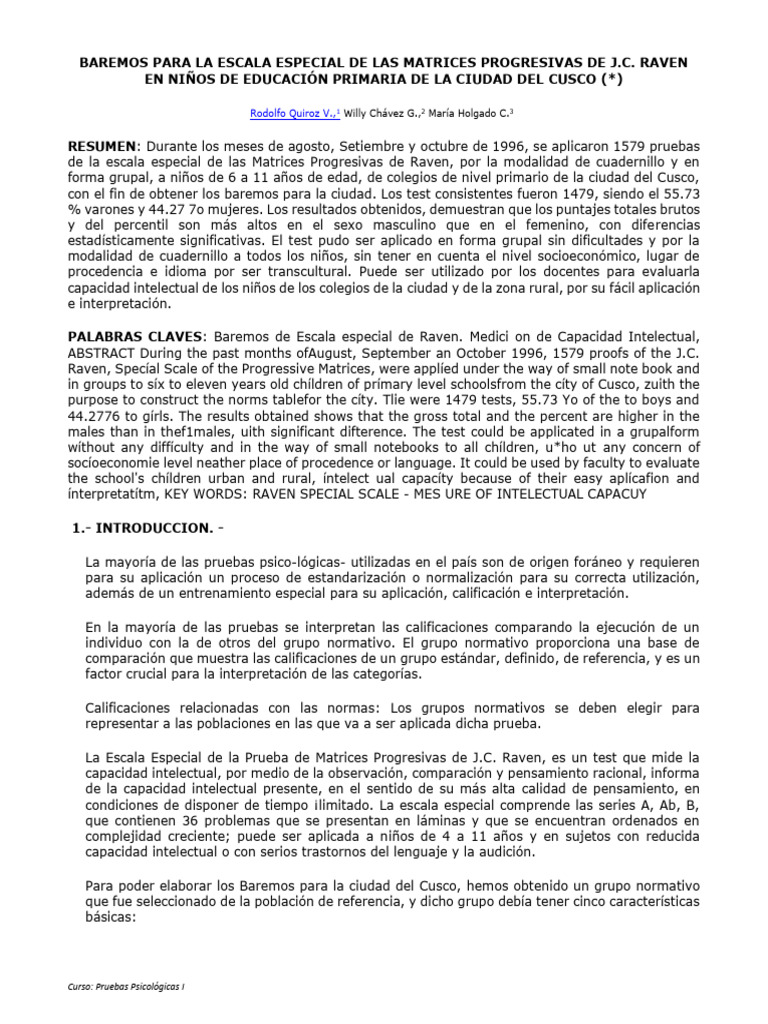 Baremos para La Escala Especial Raven | PDF | Inteligencia | Sicología
