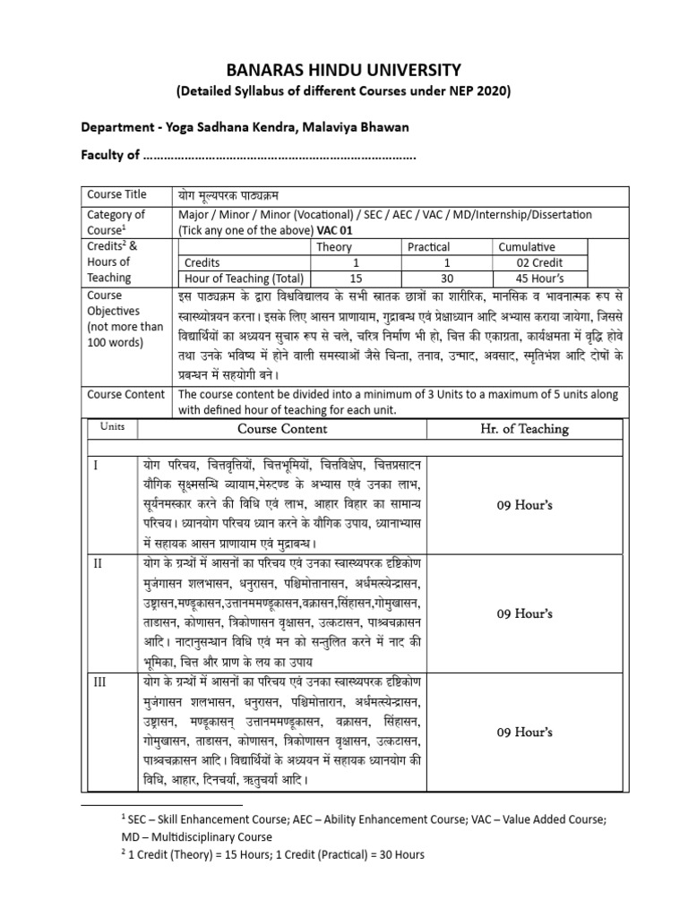 Malaviya Bhawan Yoga Syllabus Credit Chart-1 | PDF