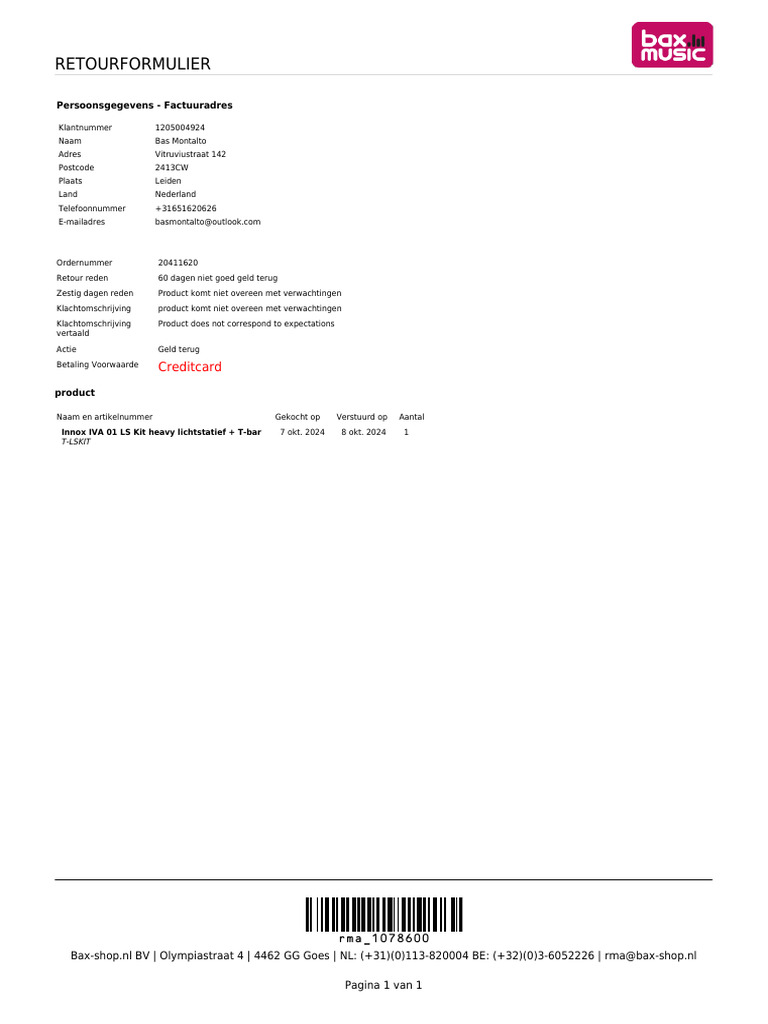 Bax-Shop Retour Formulier | PDF