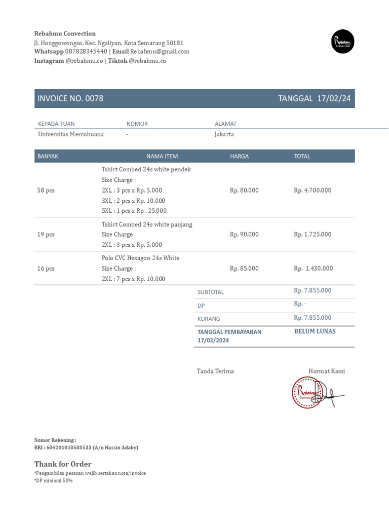 Invoice Tshirt & Polo Shirt Univ. Mercubuana Jakarta 2 | PDF