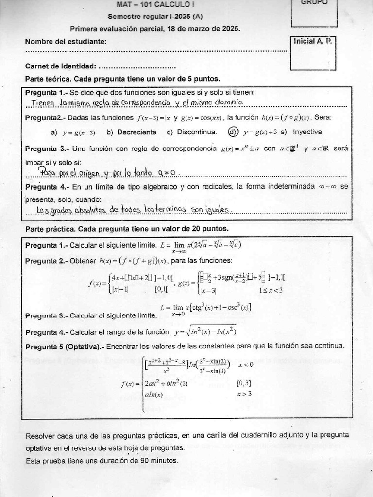 1er Parcial I 2025 MAT101 | PDF