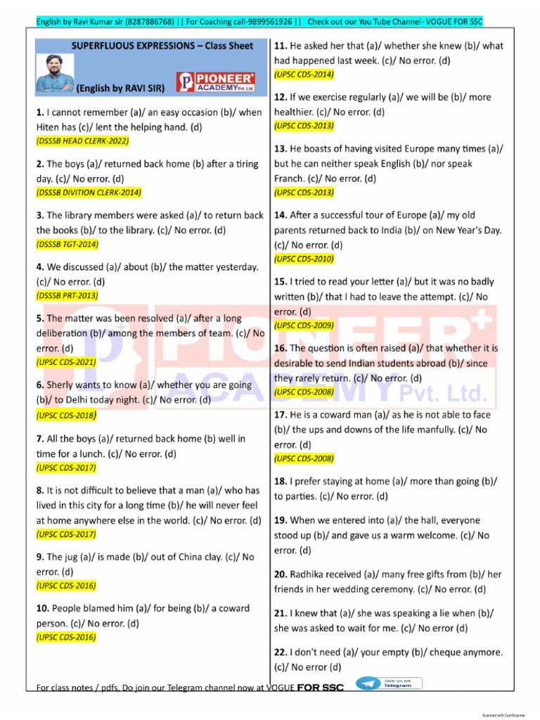 SUPERFLUOUS With Answer Key | PDF