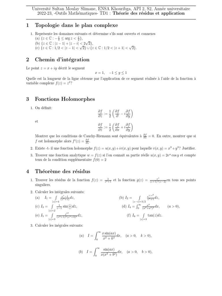 TD1 : Théorie des résidus 2022-23 | PDF | Calcul | Analyse réelle