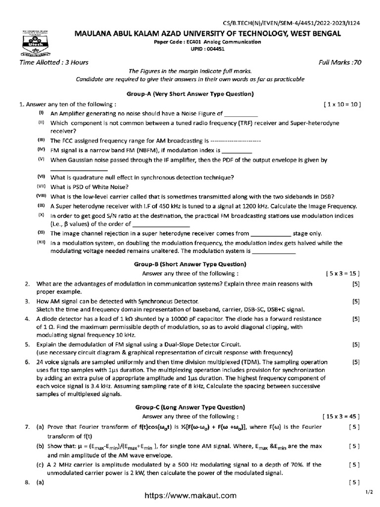 Btech Ec 4 Sem Analog Communication Ec401 2023 | PDF