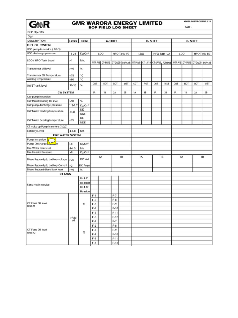 Bop Field Log Sheet | PDF