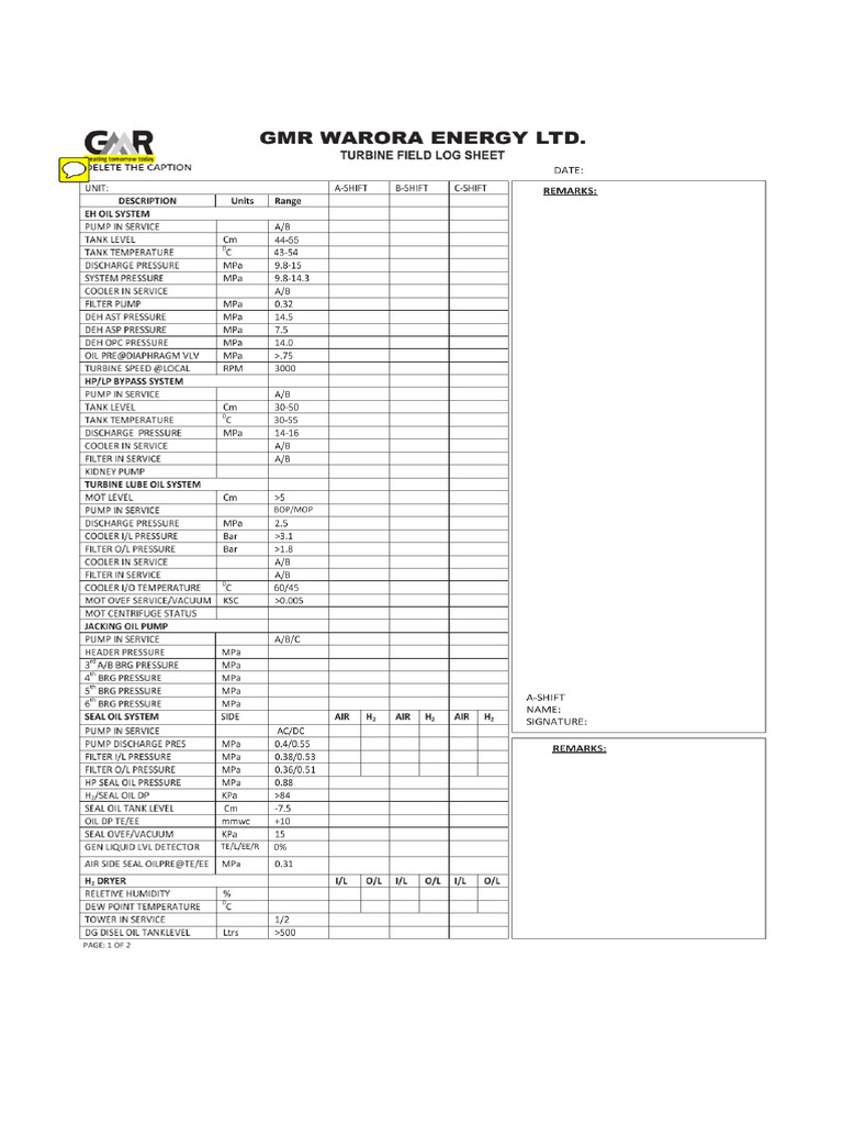 Turbine Field Logsheet | PDF