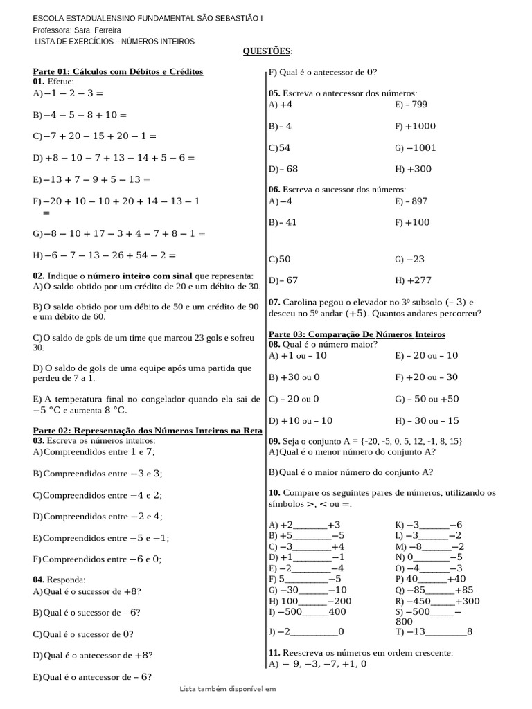 Exercícios de Números Inteiros | PDF