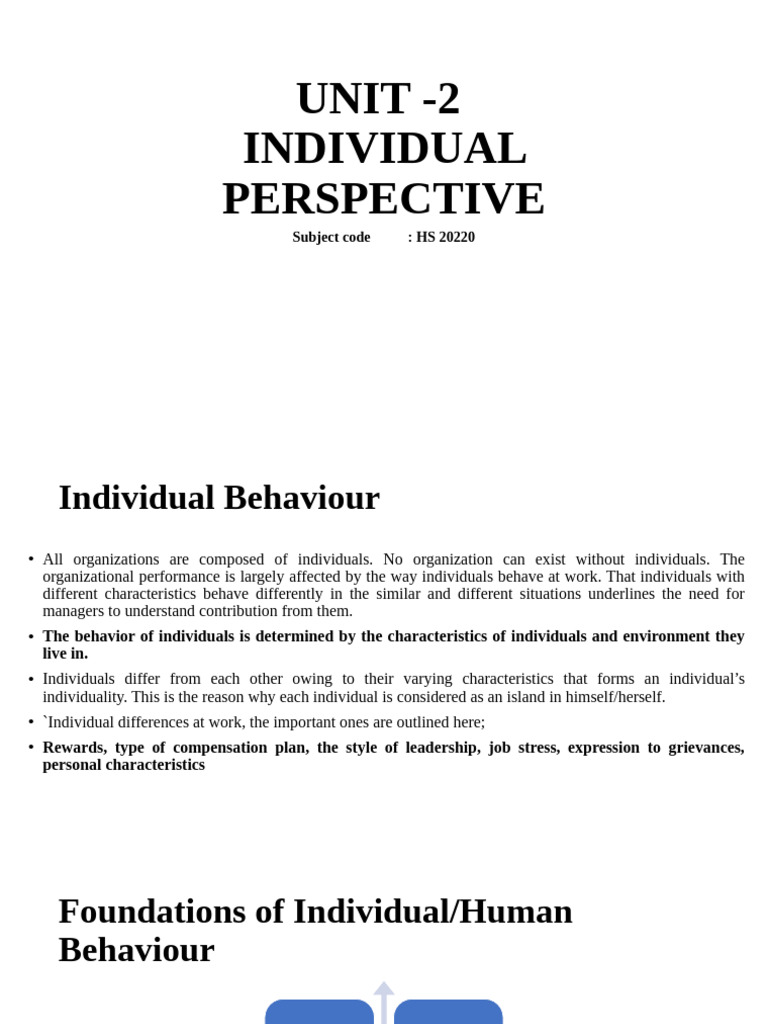 UNIT - 2 Individual Behavior | PDF | Perception | Attitude (Psychology)