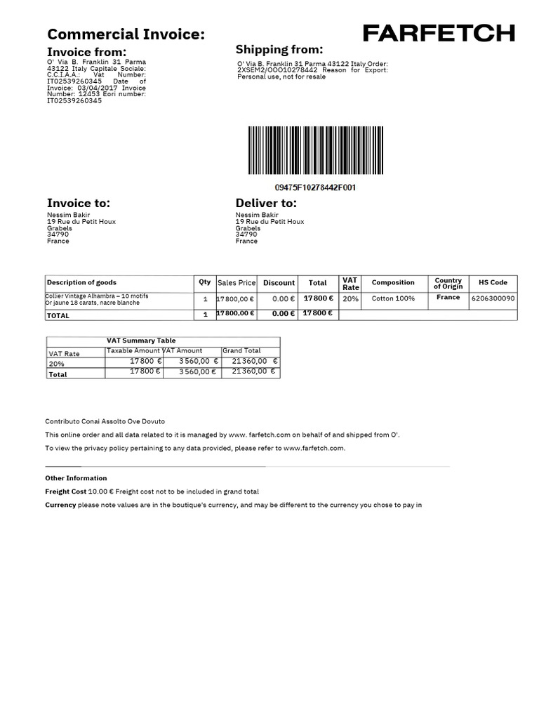 Facture Farfetch PDF | PDF