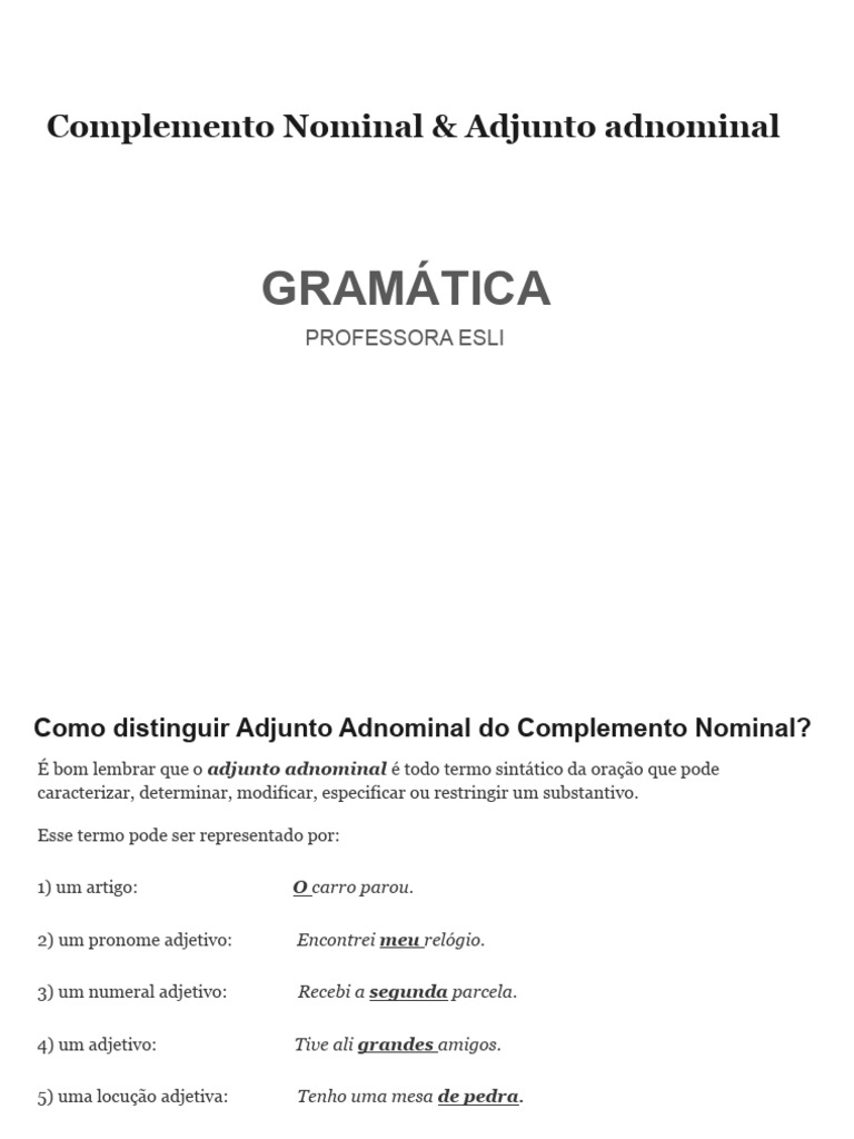 Complemento Nominal & Adjunto Adnominal | PDF | Substantivo | Adjetivo