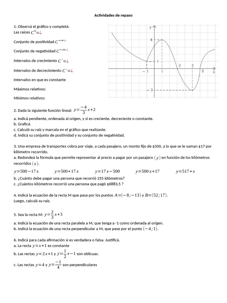 Actividades de Repaso - Funciones | PDF | Pendiente | Línea (geometría)