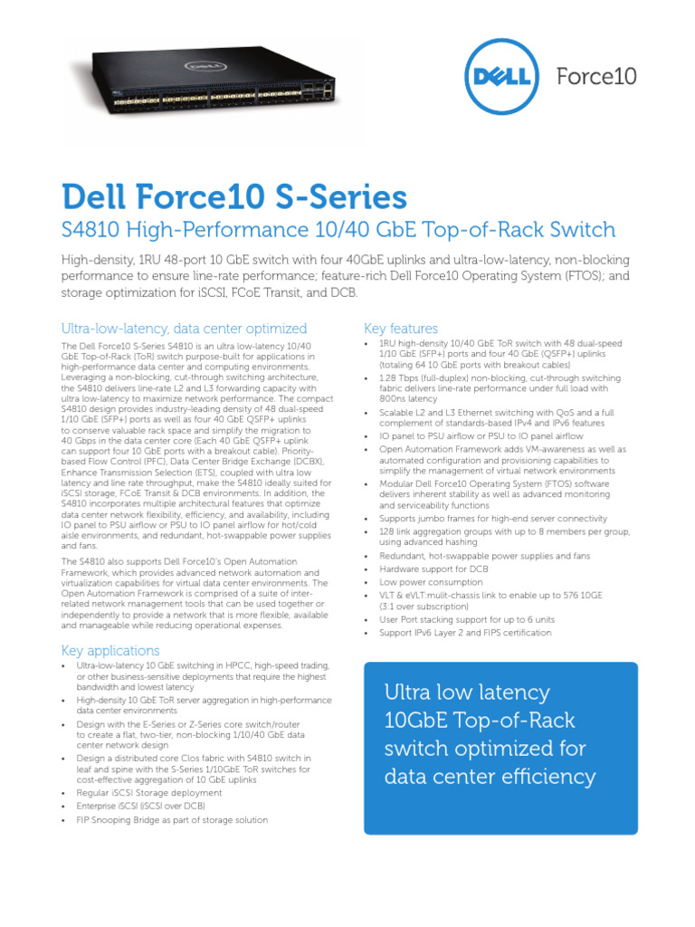 ESG Dell Force10 S4810 Spec Sheet | PDF | Computer Network | I Pv6