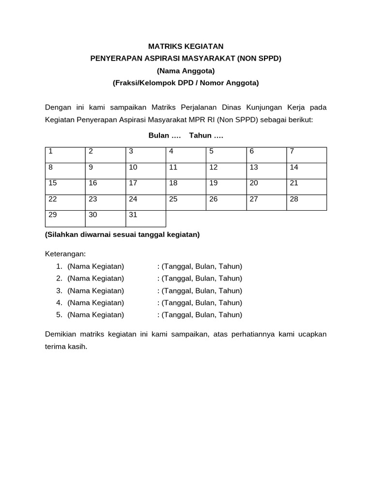 Template Matriks Kegiatan Penyerapan Aspirasi Masyarakat | PDF