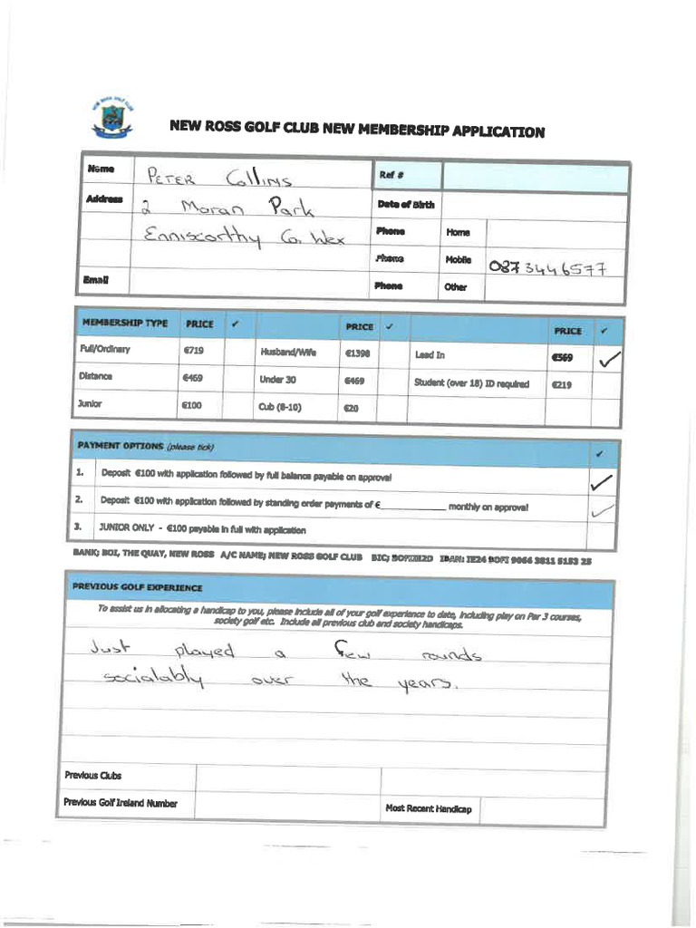 Golf Membership Form | PDF