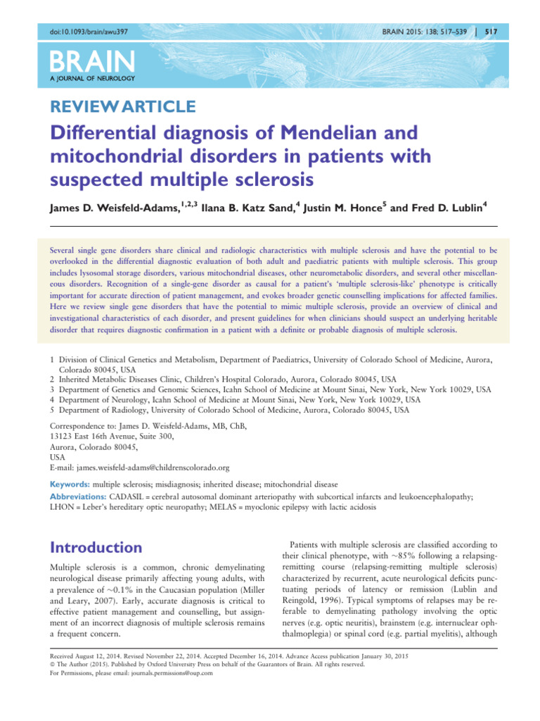 Differential Diagnosis of Mendelian and Mitochondrial Disorders in ...