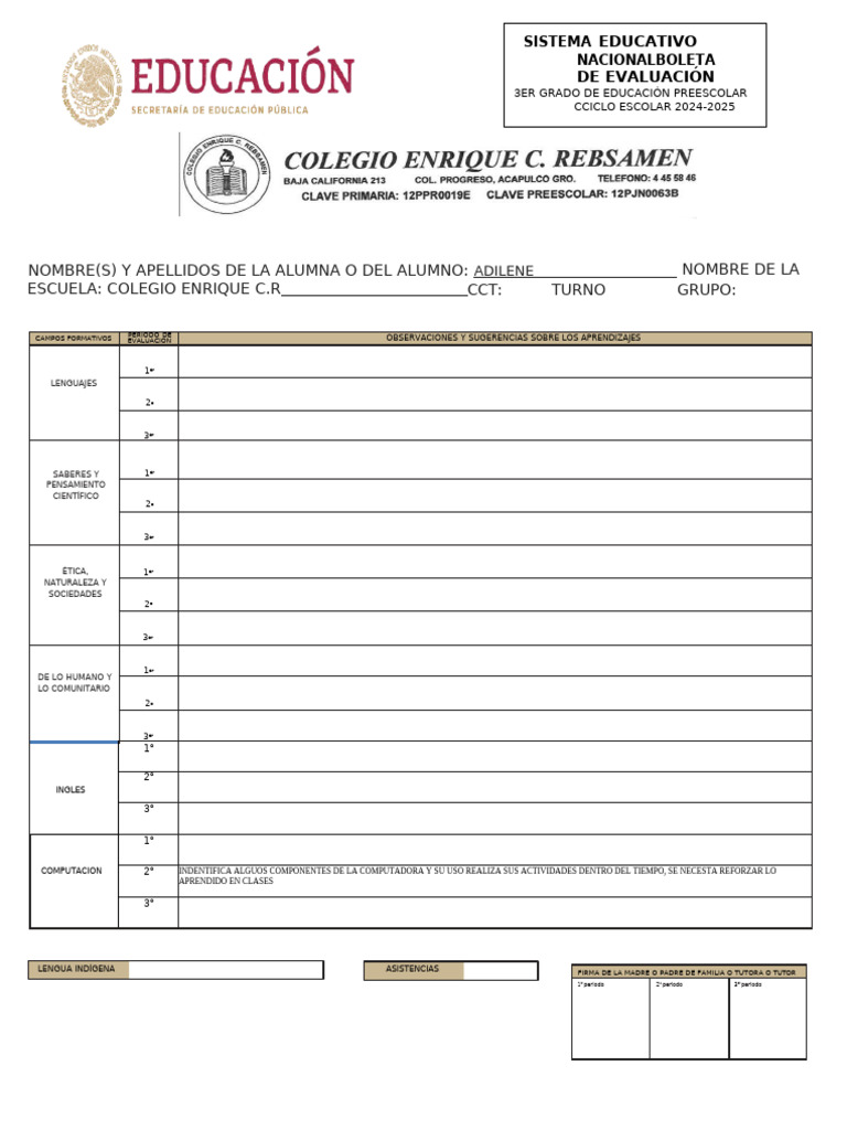 Boletas Preescolar ADILENE | PDF