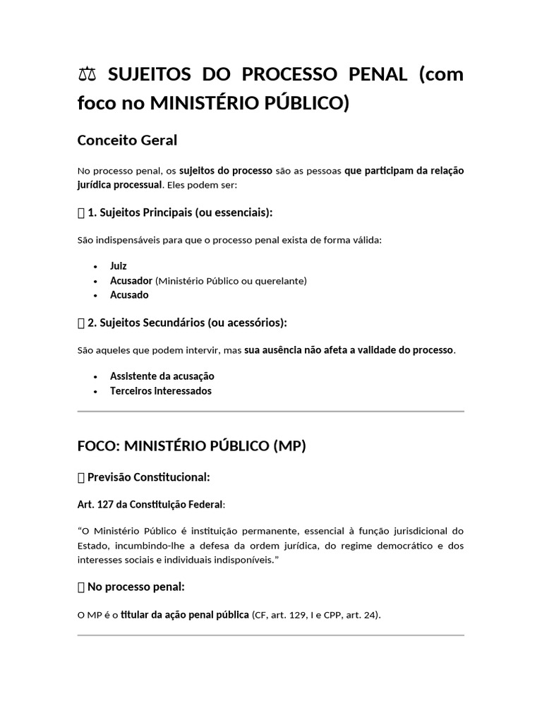 Sujeitos do Processo Penal: Ministério Público | PDF | Promotor | Direito Político